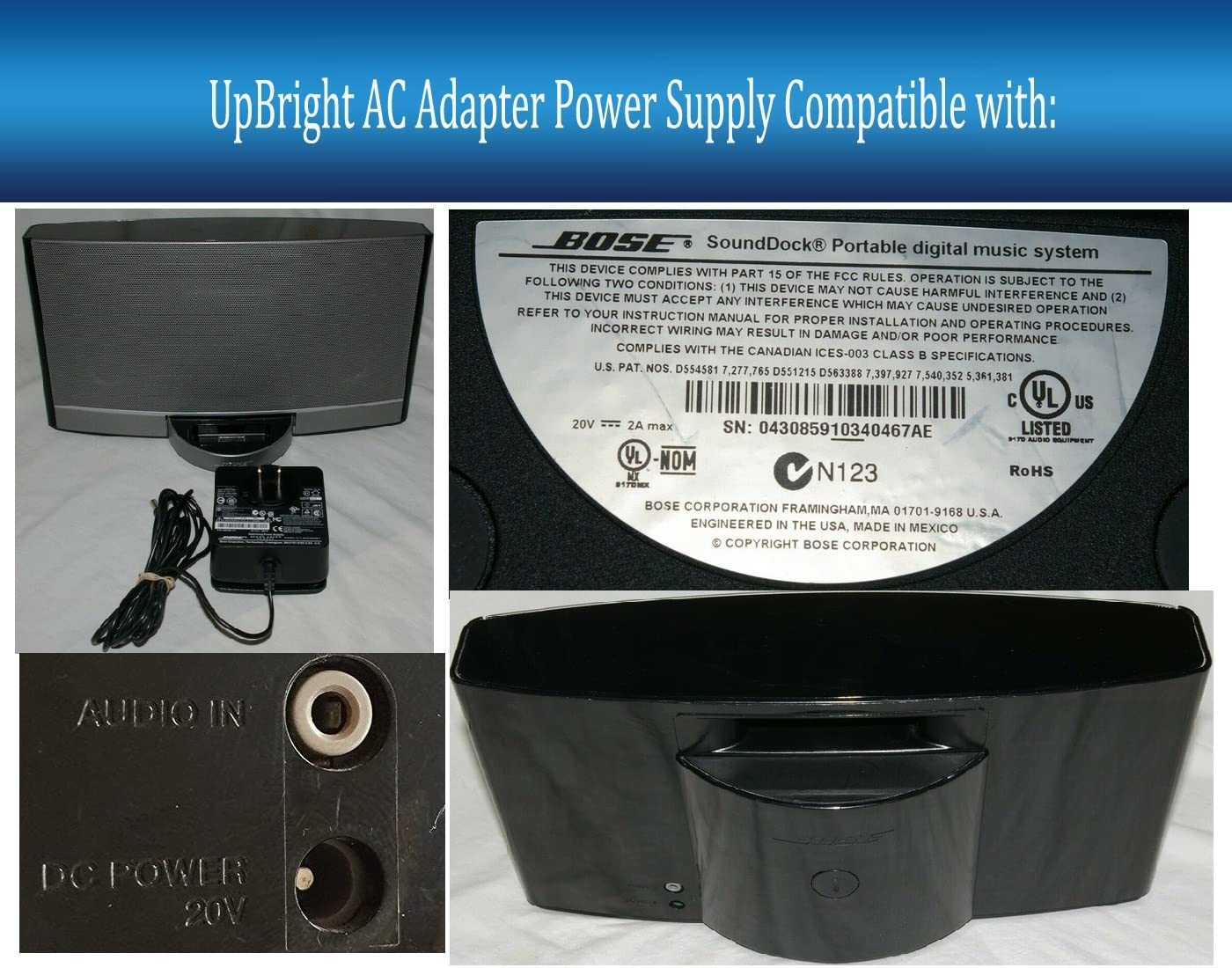UpBright 20V 2A AC/DC Adapter Compatible with Bose SoundDock Portable Digital Music System N123 Speaker 410633 SoundLink Air PSM41R-200 PSM40R-200 95PS-030-2 95PS-030-CD-1 306386 Power Supply Charger