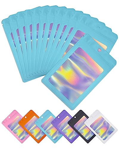 Holographic Bags Packaging Bags 300 PCS Blue Resealable Bags with Clear Window for Food Storage Small Business (Outer Size 3.54x5.31 Inch/Inner Size 3x4 Inch)