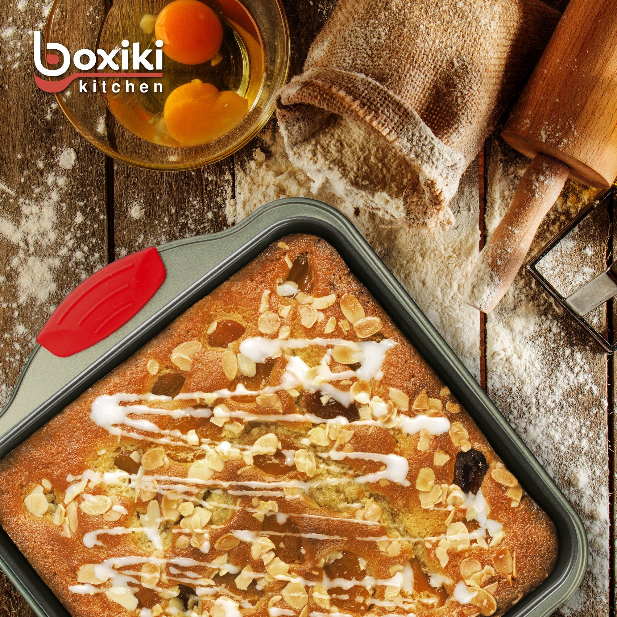 Boxiki Kitchen 3 Pcs Non Stick Steel Baking Pans Set with 8X8 Square Cake Pan, Baking Sheet & Bread Pan for Baking -