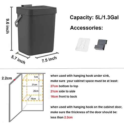 LALASTAR Compost Bin with Lid, Hanging Small Trash Can with Lid Under Sink for Kitchen, Food Waste Bin for Countertop, Mountable Garbage Can for Bathroom, RV, 5L/1.3 Gal, Black