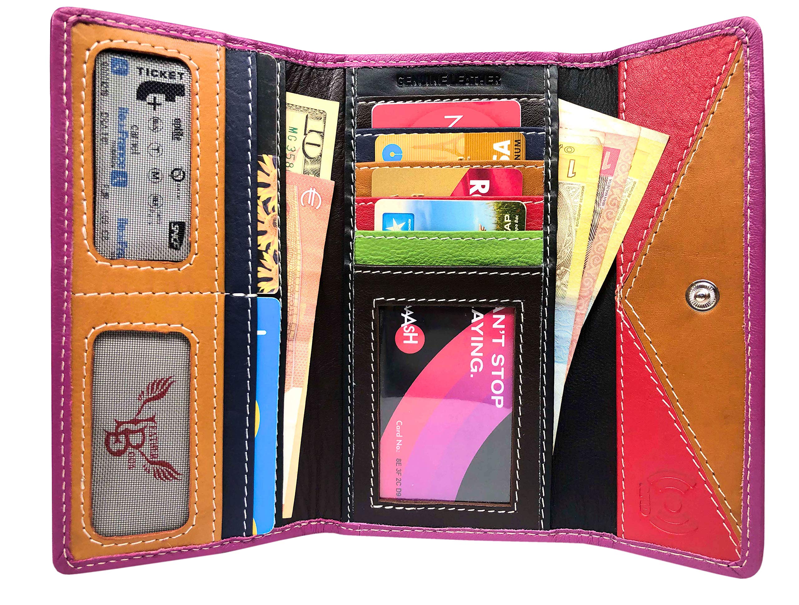 Leather Book® RFID LW-1807 Love Angles Ladies Clutch | 7” wide and Slim Ladies Wallet | 6 Card Slots | 3 card window | Three slides pockets | Malty Color Real Leather