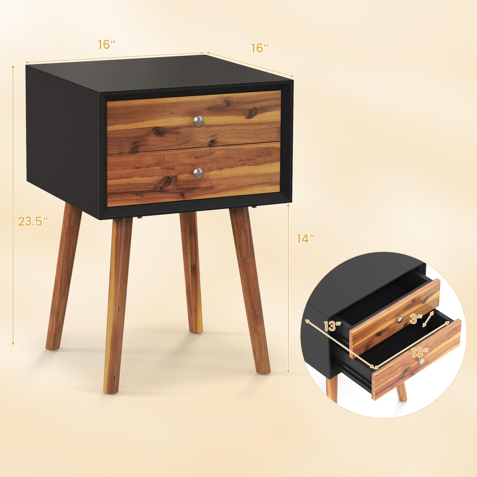 Giantex Nightstand with 2 Drawers Set of 2, Mid Century Modern Bedside Table with Solid Wood Legs, Practical End Side Table for Living Room Bedroom Small Space, Night Stand, Black & Walnut
