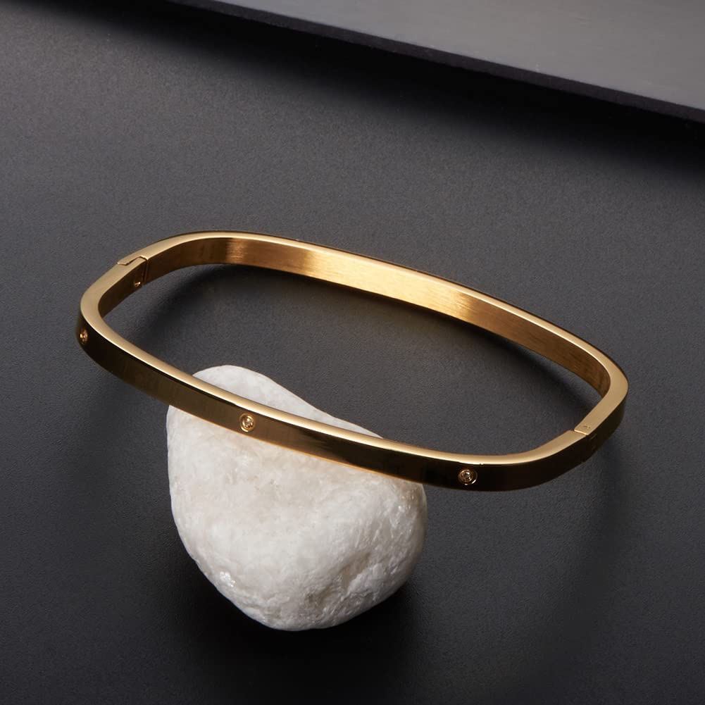 Bangle Bracelets for Women, Stainless Steel Glossy Rounded Rectangle Bangles with Rhinestones, Women's Silver Gold and Rose Gold Bangle Set (Gold), Middle