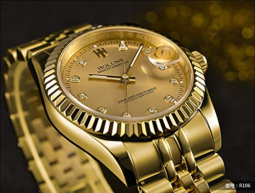 HOLUNS Mens Full Gold Watch Automatic Mechanical Gilded Steel Self-Wind Sapphire Glass Dress Waterproof Watch (Gold)