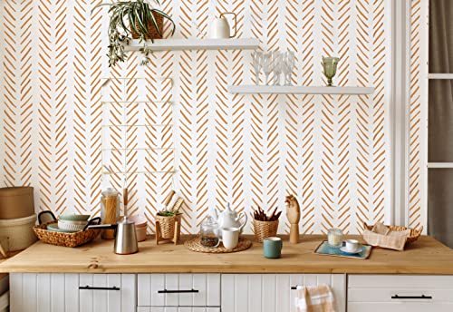 HAOKHOME 96101-3 Boho Peel and Stick Wallpaper Brush Strokes Stripes Removable Terracotta/White Chevron Vinyl Self Adhesive Mural 17.7in x 9.8ft