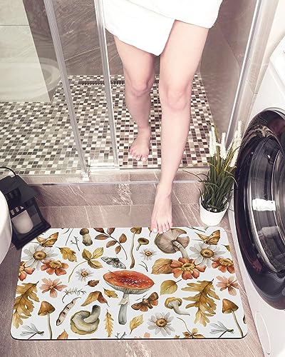 Gogobebe Super Absorbent Diatom Mud Mat Fall Thanksgiving Mushroom Retro Rustic Floral Botanical Leaves Quick-Drying Thin Bath Mat Non-Slip Bathtub Mat Anti-Skid Rubber Bathroom Shower Mat 16x24in