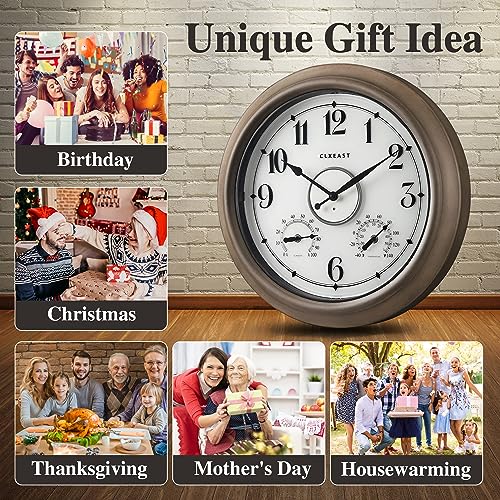 CLXEAST Illuminated Outdoor Clocks Waterproof 18 Inch with Smart Sensor,Large Outdoor Pool Clock with Temperature & Hygrometer,Wall Clock for Living Room Decor,Grey Oak/Faux Barnwood