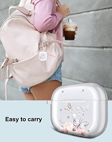 JAHOLAN AirPods 3 Case Clear Butterfly Case Cute Protective Soft Shockproof Cover with Keychain for Women Girls Compatible with AirPods 3rd Generation Wireless Charging Case - Butterfly Flower Pink