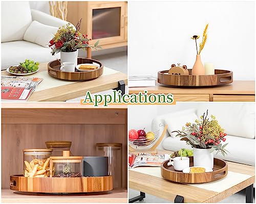 Lazy Susan Wooden Round Tray with Built-in Handles, Farmhouse Wood Serving Tray with Rotating System, Multifunctional Organizer Tray for Home Decorations Bath Vanity Tray Kitchen Counter Ottoman Tray