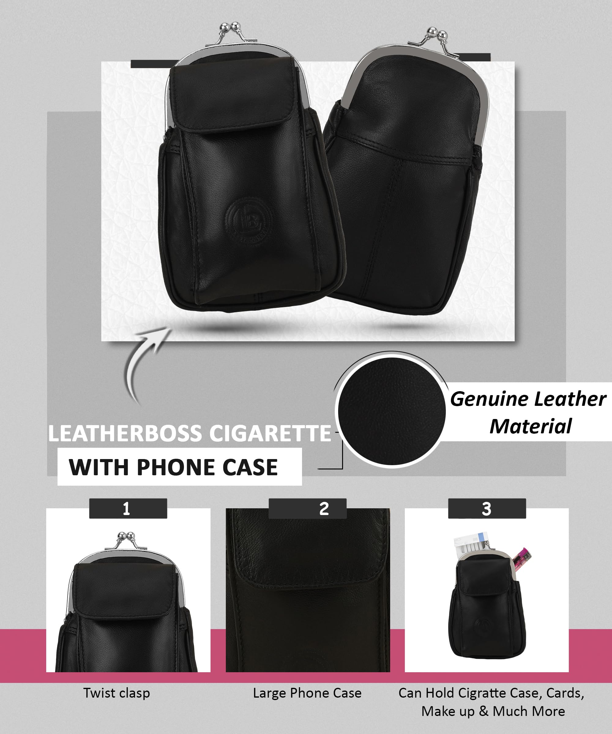 Leatherboss Leather Kiss Lock Pick-me-up Large Cigarette Money Make Up Holder Purse with Phone Case Black