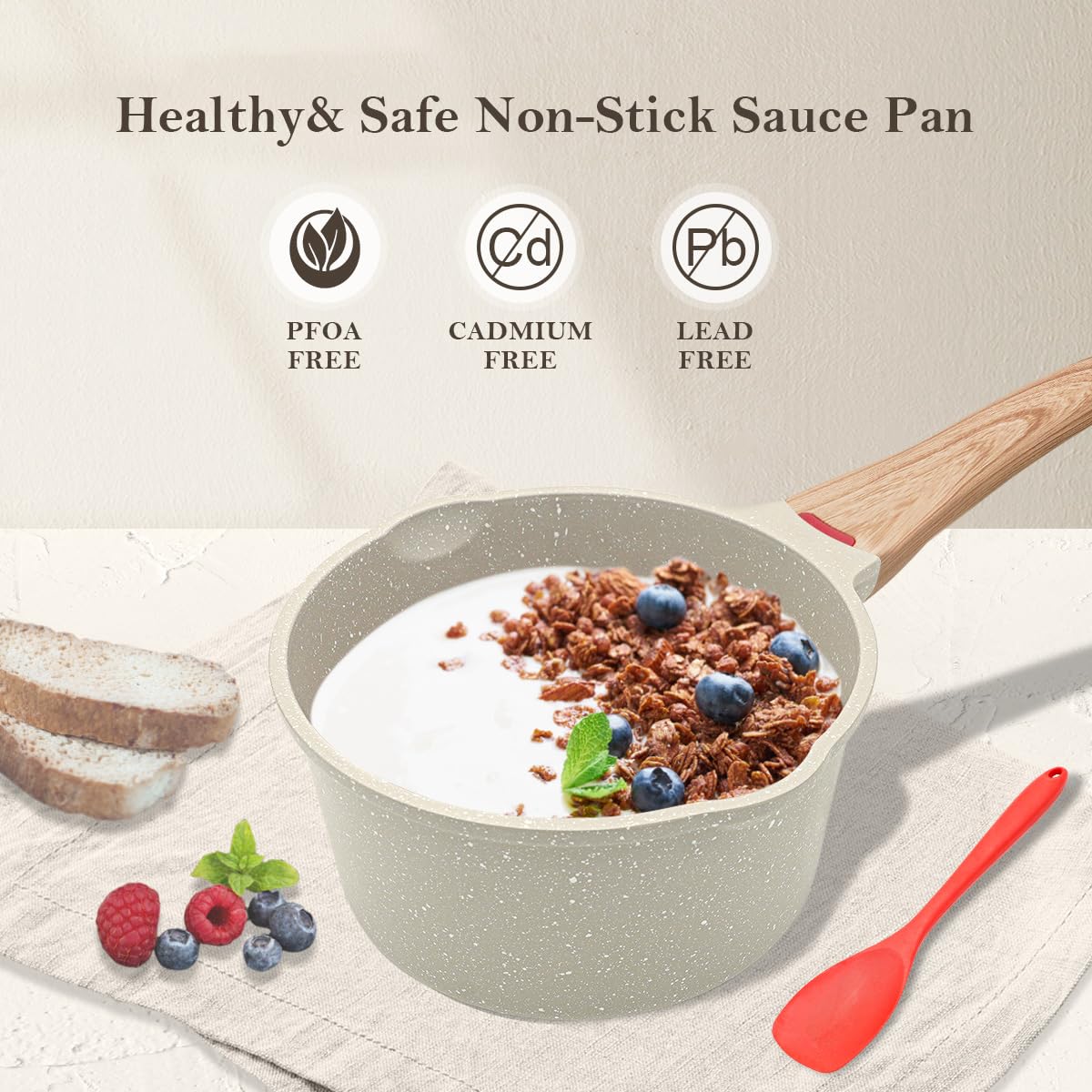 Bobikuke 1.5Qt & 1.8Qt Nonstick Sauce Pan Set with Lid, 4 Pcs Small Soup Pot with Pour Spout for Cooking Compatible for All Stoves, PFOA FREE