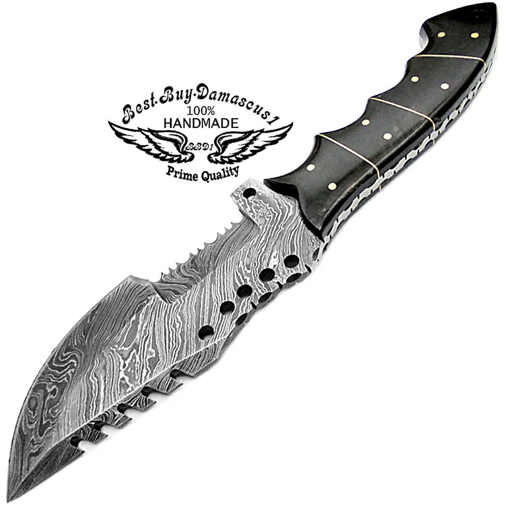 Best.Buy.Damascus1 Buffalo Horn 9.5'' Tracker Fixed Blade Hand Made Damascus Steel Hunting Knife Prime Quality