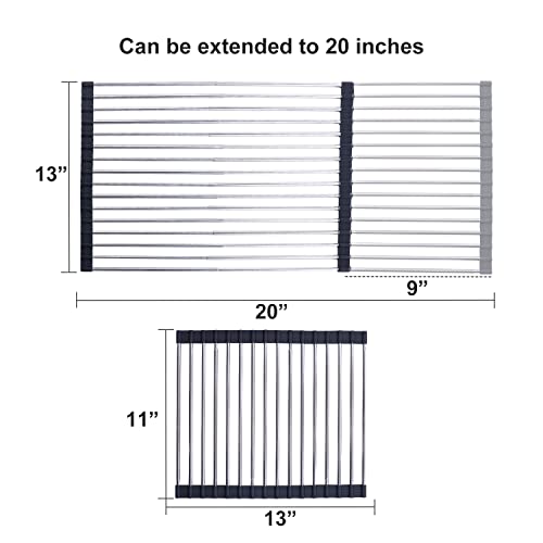 Expandable Roll up Dish Drying Rack for Kitchen from 11β to 20β, Foldable Over-The-Sink Dish Drying Rack Space-Saving, Multipurpose Rolling Rack for Sink with Large Capacity, 13''x(11''~20''), Gray