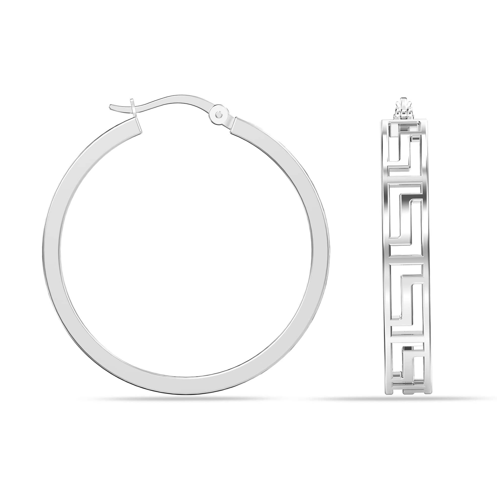 LeCalla 925 Sterling Silver Greek Key Pattern Hoop Earrings | Medium Lightweight Greek Wall Cut-Out Hoop Earrings for Women - 30MM