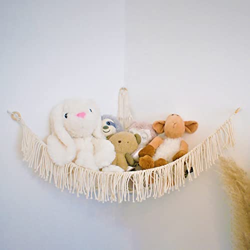 Stuffed Animal Hammock Macrame - Toy Hammock for Stuffed Animals - Stuff Animal Organizer Corner Storage Hanging Fringe - Stuffed Animal Display Holder Net Tassels for Nursery DĂŠcor