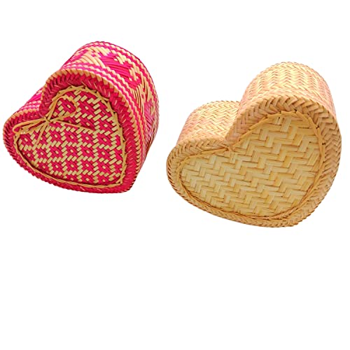 FOREVER 1 β Bamboo Sticky Rice Serving Basket 6.2 x 5.2 Inch, Kratip, Intricately Woven Container, Heart-Shaped, Elephant Weave Pattern, Bright Pink, Thailand Handmade, Dyed with Natural Based