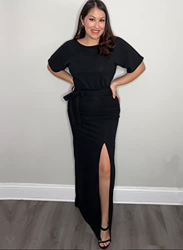 Happy Sailed Womens Batwing Sleeve Tie Waist Long Maxi Dress Side Split Formal Party Dresses Evening Gown Black X-Large