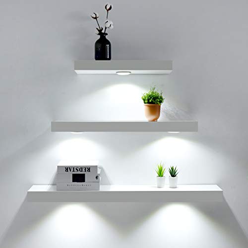 WELLAND White Floating Shelf with Touch-Sensing Battery Powered LED Light,Wall Mounted Display Shelves for Entrance, Living Room, Bedroom, Kitchen and Bathroom (36-INCH, White)