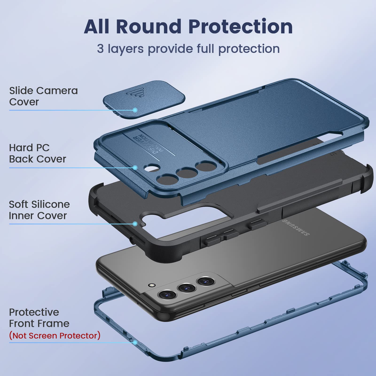 Caka for Samsung Galaxy S21 FE Case, S21 FE Case with Camera Cover Heavy Duty Slide Camera Protection Case Full-Body Rugged Phone Case Cover for Galaxy S21 FE 5G -Blue/Black