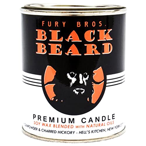 Long-Burning, One-Pint Premium Candles for Men | Vintage Inspired Oil Can Design | Black Beard - Gun Powder, Charred Hickory | Soy Wax, Vegan Friendly, Made in The USA | Fury Bros. | Classically Cool