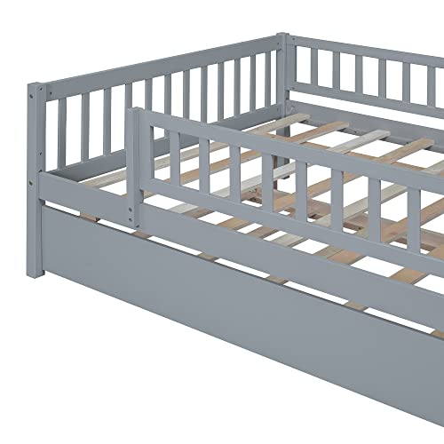 P PURLOVE Full Daybed with Trundle, Daybed Frame with Fence Guardrails, Wood Daybed for Boys, Girls and Young Teens, No Box Spring Needed (Gray)