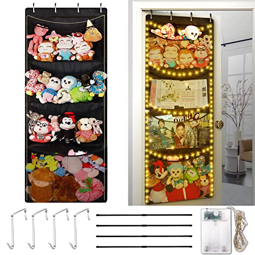 Stuffed Animal Storage with LED Light, Over the Door Hanging Stuffed Animal Holder with 5 Meters LED Fairy String, 4 Large Pockets for Stuffed Animal Storage Ideas, Nursery, Bedroom, Kids Room