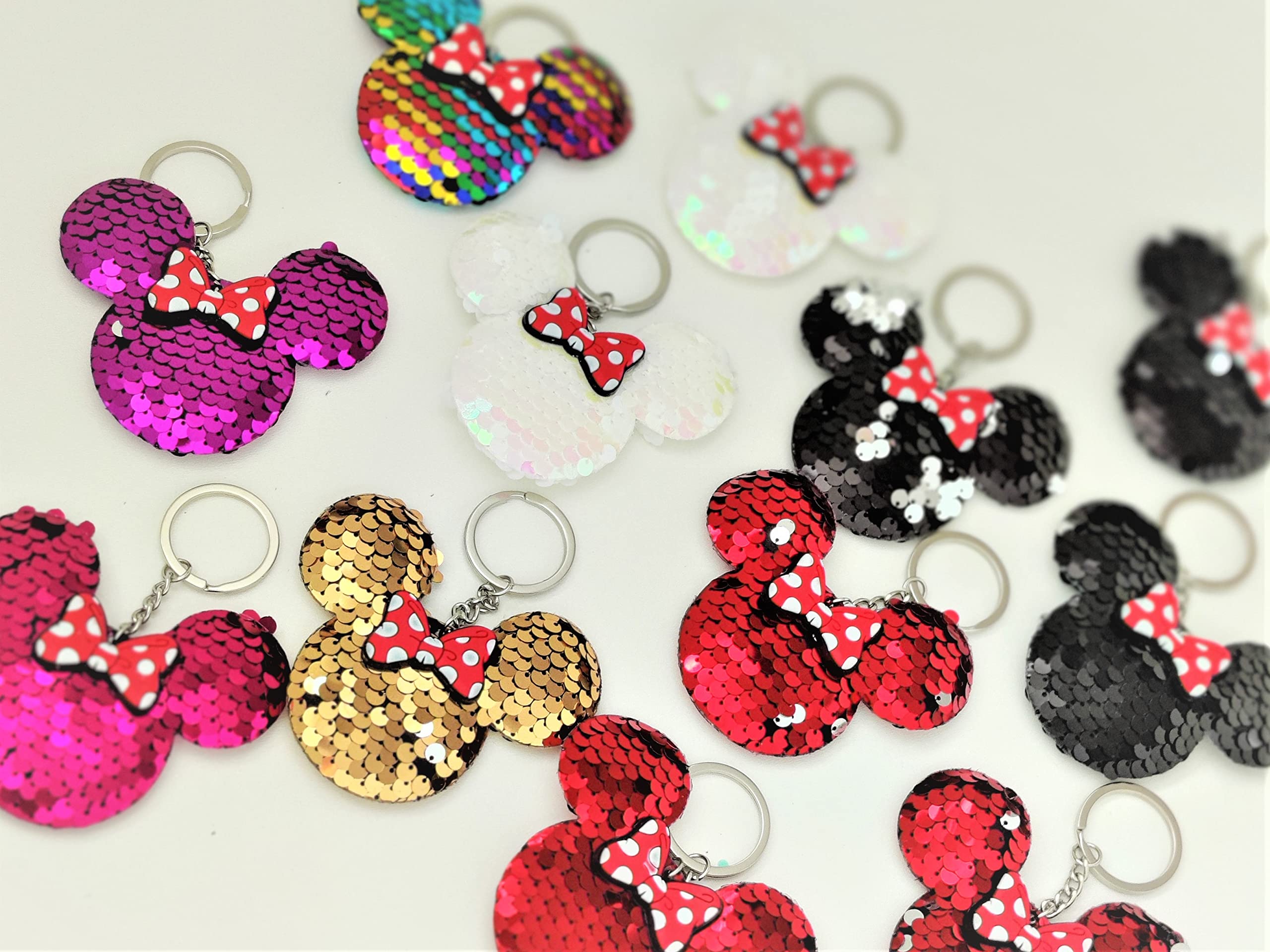 ITISMINE 12 pieces Sparkly BLINK Plush Reversible Sequin 3 inch Key Chain Appeal Backpack Bag Accessories (Minnie Shape), Red Pink Gold Silver Rainbow, 1 size fit all