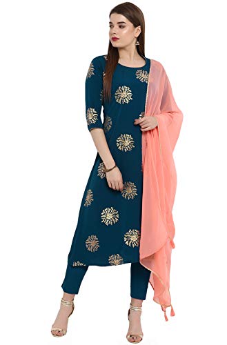 Janasya Indian Women's Tunic Tops Crepe Kurti Set with Dupatta for Women(SET058-KR-NP-S) Turquoise