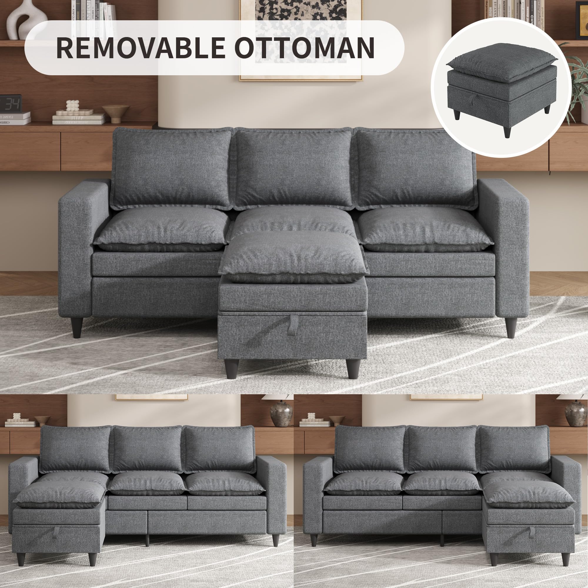 Convertible Sectional Sofa Couch for Living Room, L-Shaped Comfy Cloud Sofa, Removable Storage Ottoman, Small Sofa for Apartment/Living Room (Dark Grey)