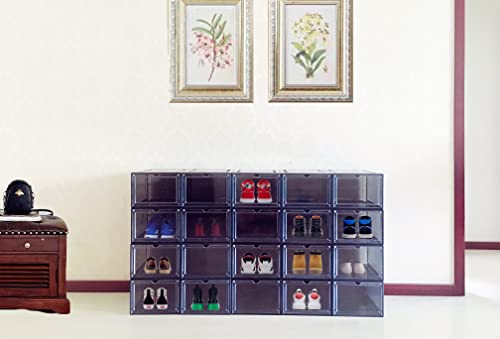 JECCICHY 6 Pack Shoe Organizer for Closet, Shoe Storage Container with Lids, Clear Shoe Box Stackable, Thick Hard Plastic, Drop Front Door, Within US Size 12, Outside Size: 13.54βx10.63βx7.48β(smoky)