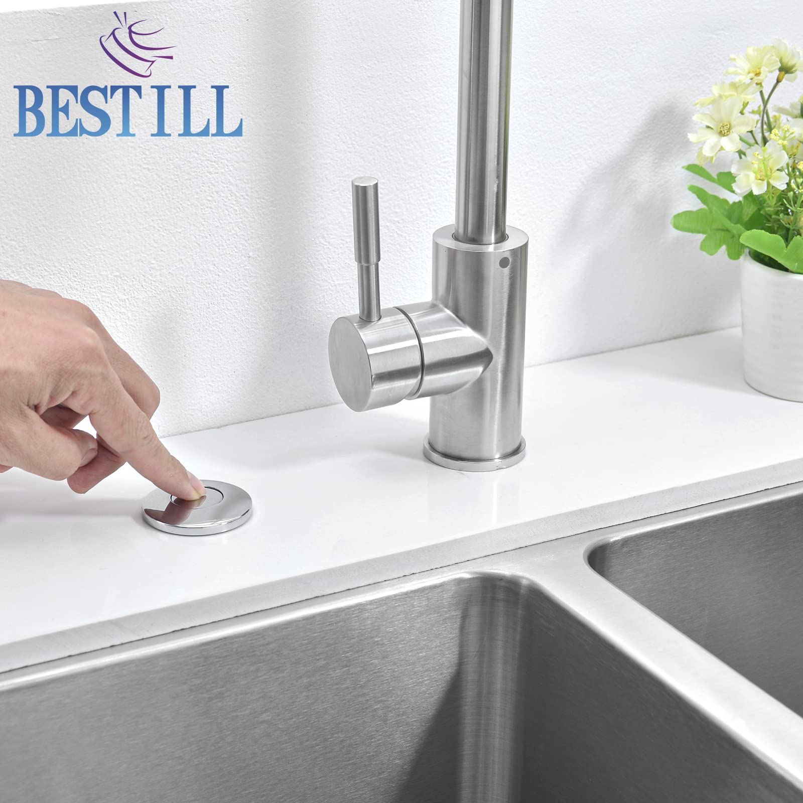 BESTILL Garbage Disposal Air Switch Kit, UL Listed, Sink Top Push Button with Brass Cover, Chrome, Brushed Nickel