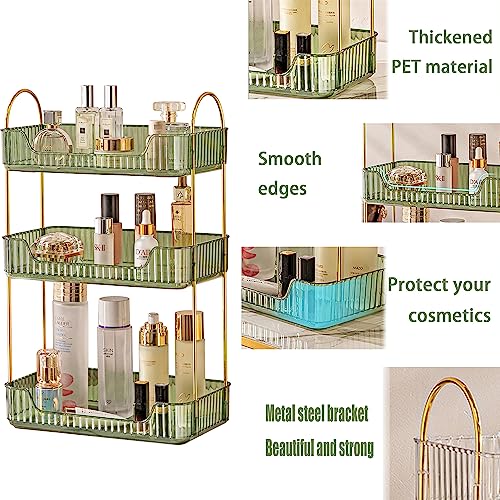 Dingfeng Makeup Organizer for Vanity, Transparent Storage Tray for Vanity Skin Care Products. Large Capacity Bathroom Kitchen and Other Multi-Functional Counter Storage Bracket, Green, 3 Tier