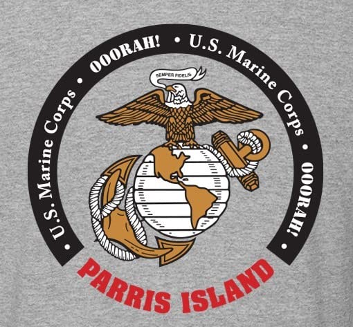 eMarinepx Parris Island Crew Neck Tshirt Grey. Made in USA. Officially Licensed with The United States Marine Corps