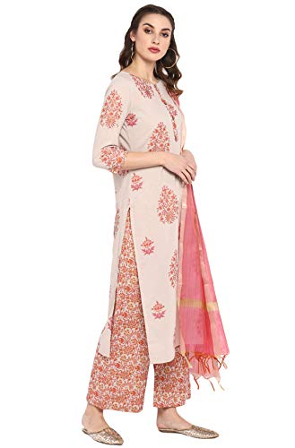 Janasya Indian Women's Multicolor Pure Cotton Kurta with Palazzo and Dupatta(SET172-KR-PP-XXL)