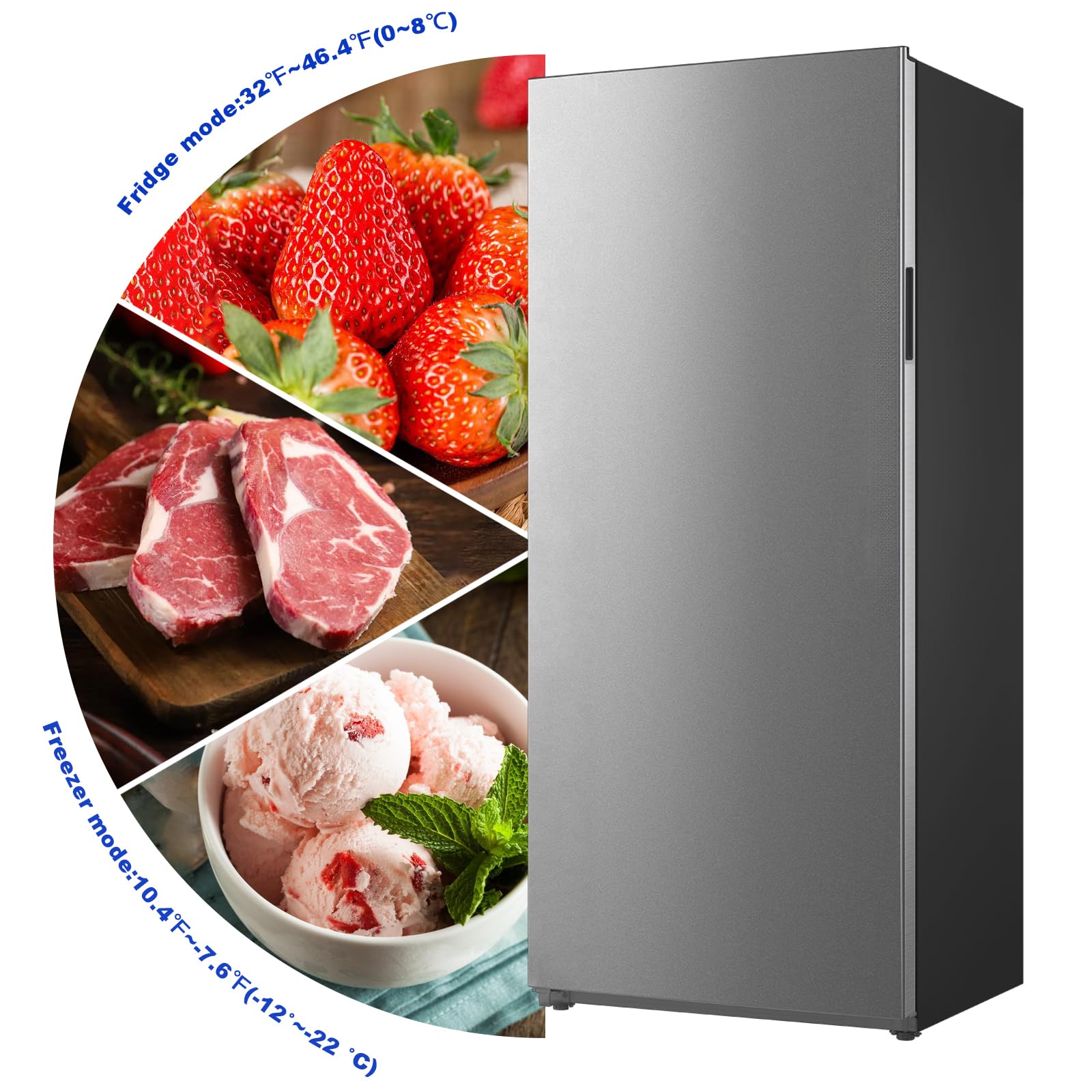 Techomey Left Hinged Standing Upright freezers 21 cu.ft, Garage freezer/refrigerator 115v, Quick Freeze, Dual modes, Recessed Handle Single Door, Stainless Steel