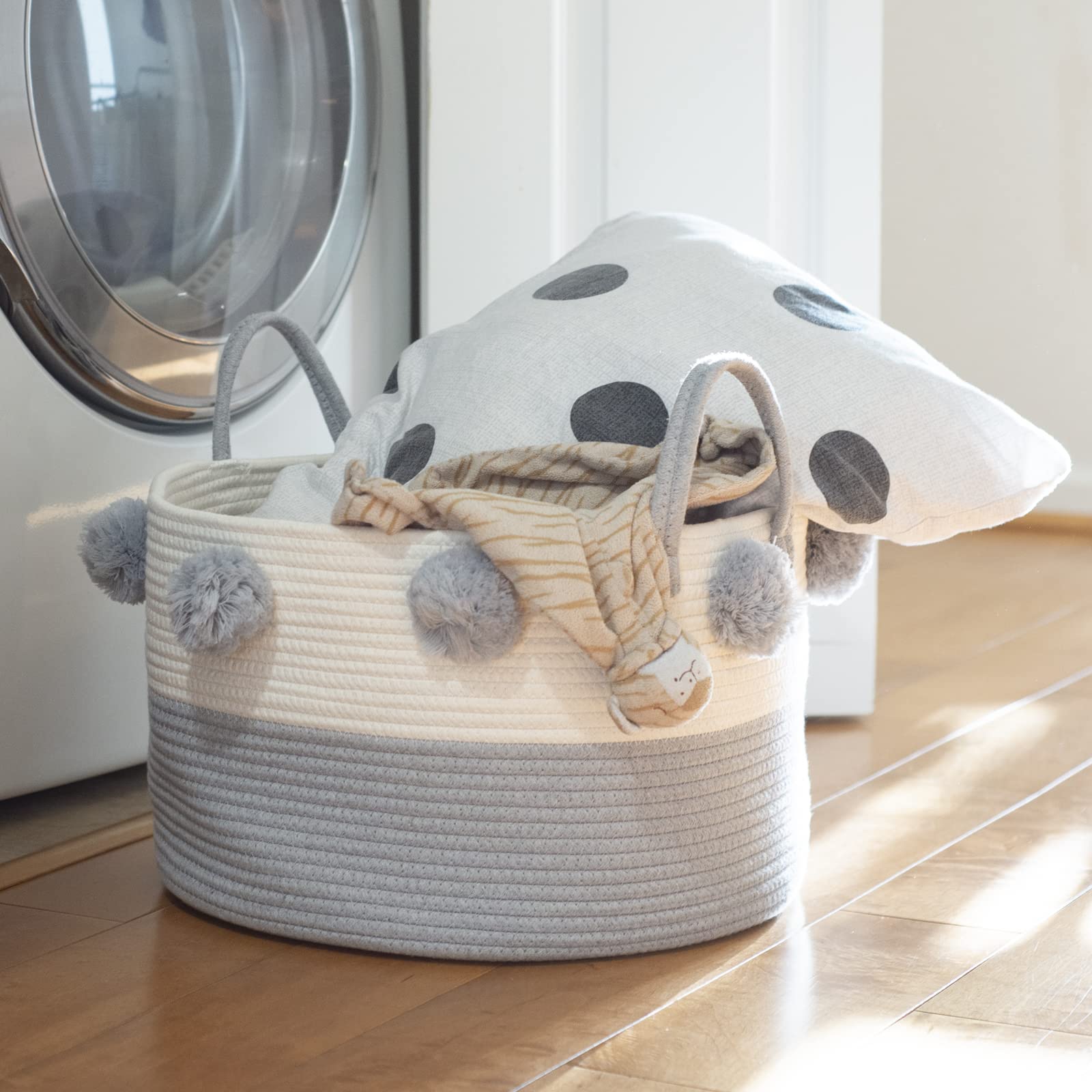 CACTUS & BERRY Pom-Pom Cotton Woven Basket, Laundry Hamper, Toy Storage for Nursery, Decorative Bin with Handles for Living Room Home Decor (17.3βx10.6β)