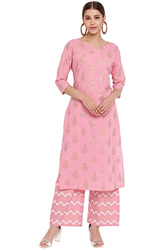Janasya Women's Pink Foil Printed Cotton Kurta with Palazzo