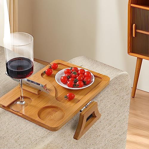 Bamboo Couch Tray,Sofa Arm Clip Table,Sofa Tables,Portable Table with 360°Rotating Phone Bracket and Couch Cup Holder,Sofa Arm Tray,Couch Table for Drinks,Snacks and Remote,Couch Arm Table,TV Tray