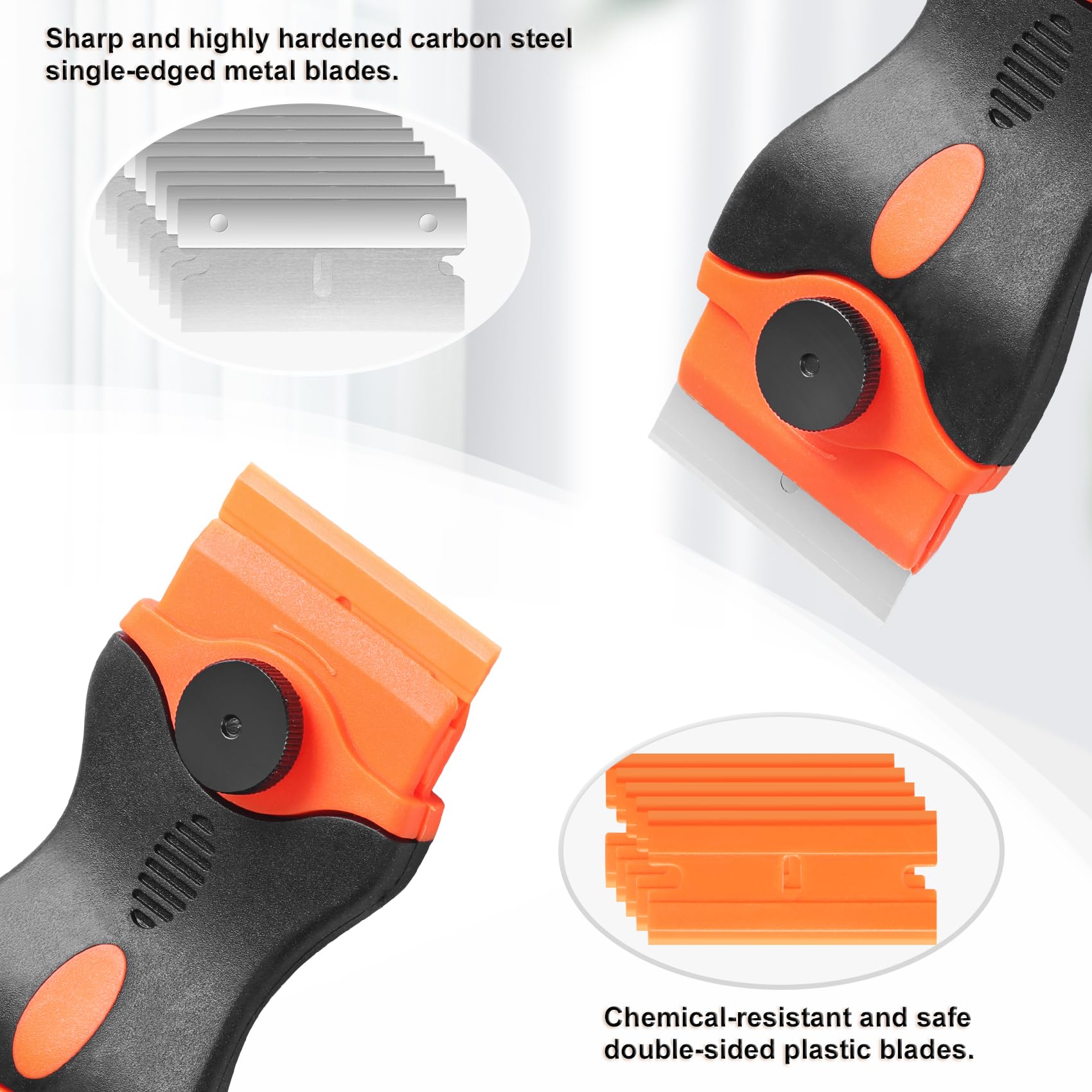 Kailund Razor Blade Scraper Tool 2 Pack, Double Edged Cleaning Razor Scraper Tool with 31 Pcs Metal & Plastic Razor Blades, Long Handle Glass Scraper for Paint|Decals|Stickers|Tint