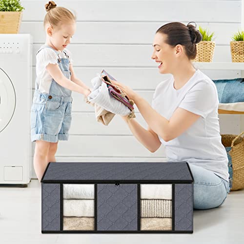 HomeHacks Storage Clothing Storage Bags, Storage Box Clothes Organizer with Clear Windows, Sturdy Handles Clothing Storage for Cloth, Toy, Bedding Storage, 3-Pack, Grey
