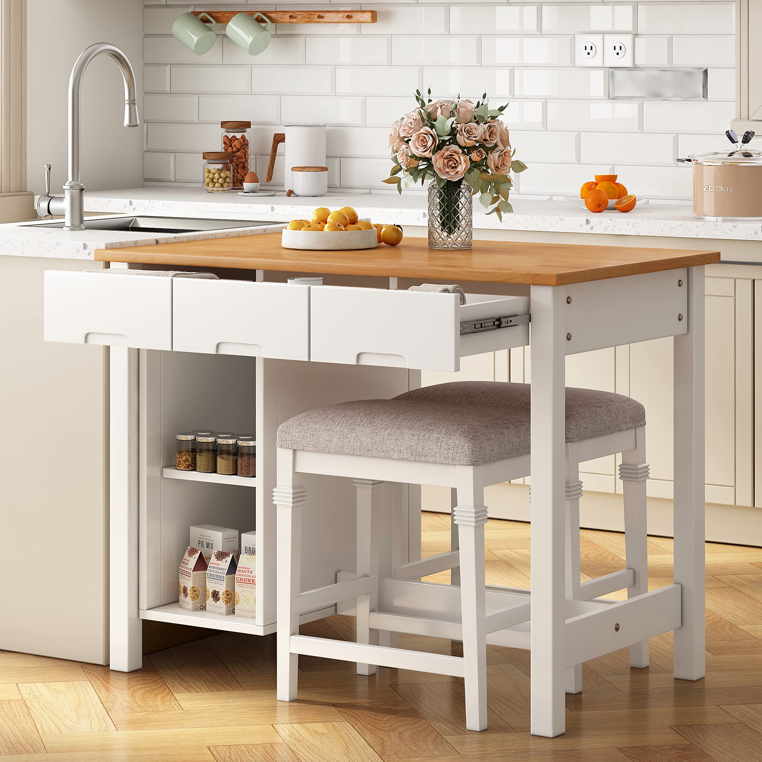 Bellemave 3 Piece Kitchen Island with Seating for 2 Counter Height Dining Table Set with Storage Farmhouse Wood Bar Table with Stools Small Breakfast Dinner Table and Chairs, White