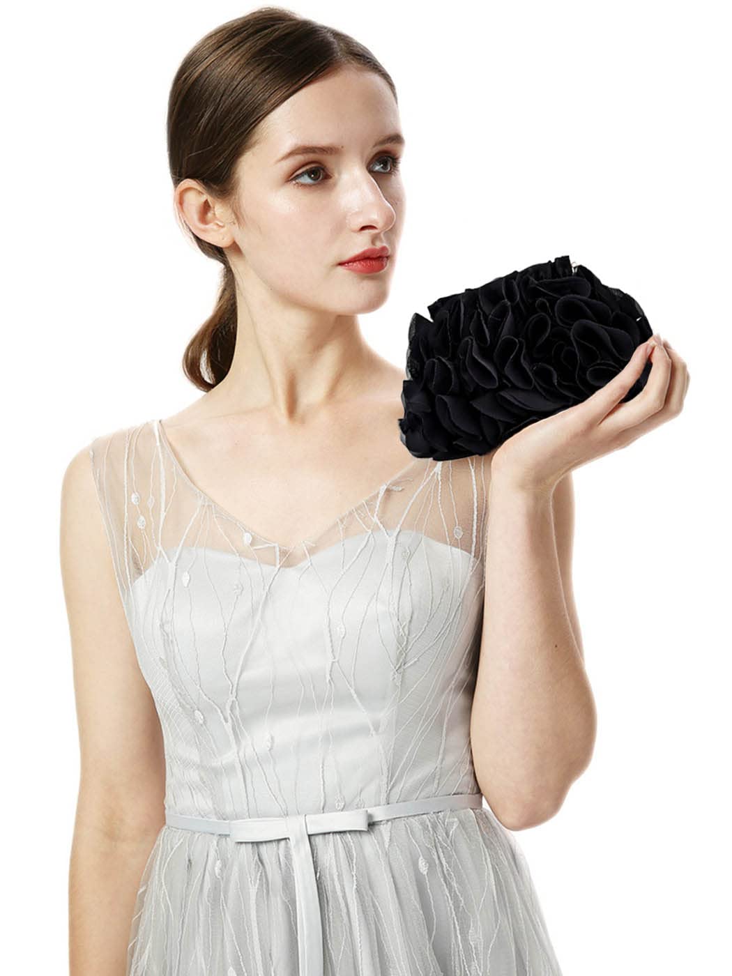 Barode Floral Clutch Purses for Women Satin Flower Evening Bag Party Prom Handbags (Black)