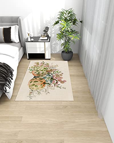 Leaves Pumpkins Large Rectangular Area Rugs 5' x 7' Living Room, Durable Non Slip Rug Carpet Floor Mat for Bedroom Bedside Outdoor Fall Thanksgiving Green Eucalyptus Burlap