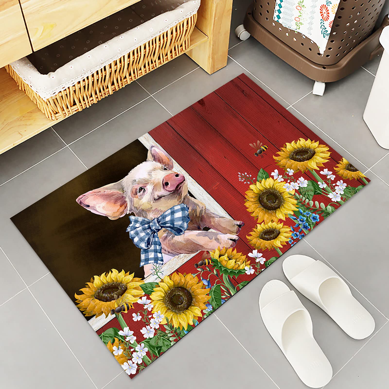 BestLives Kitchen Rug Sets Farmhouse Sunflower Pig 2 Piece Non-Slip Kitchen Mat Rustic Farm Barn Doormat Area Runner Carpet Set Absorbent Bath Floor Mat 15.7x23.6in+15.7x47.2in