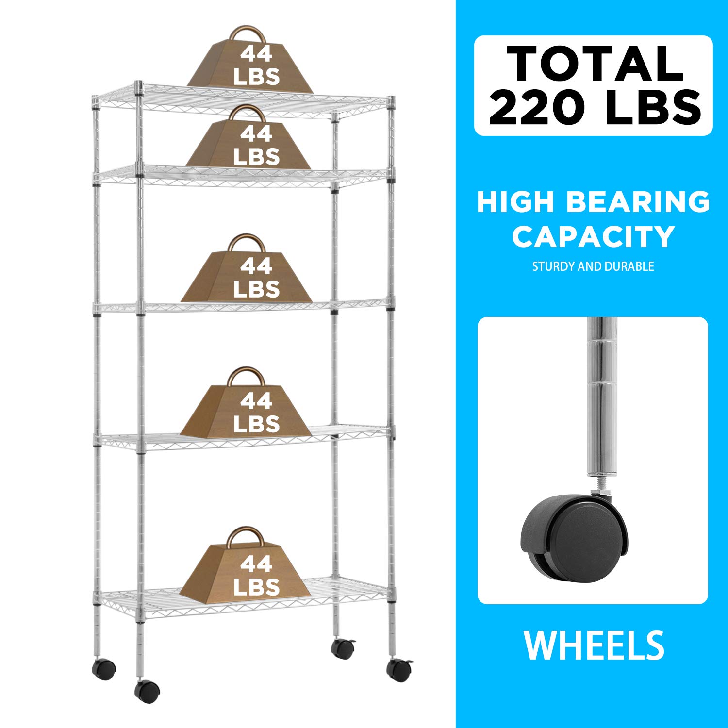 FDW 30" L×14" W×60" H Wire Shelving Unit Commercial Metal Shelf with 5 Tier Casters Adjustable Layer Rack Strong Steel for Restaurant Garage Pantry Kitchen Garage,Chrome