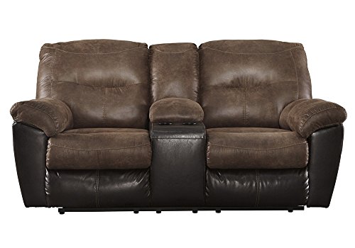 Signature Design by Ashley Follett Faux Leather Manual Pull Tab Reclining Loveseat with Center Console, Two Tone Brown