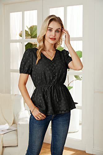 GRACE KARIN Women's Peplum Tops 2023 Summer V Neck Ruffle Short Sleeve Blouse Jacquard Flowy Shirt Tunic Top Black