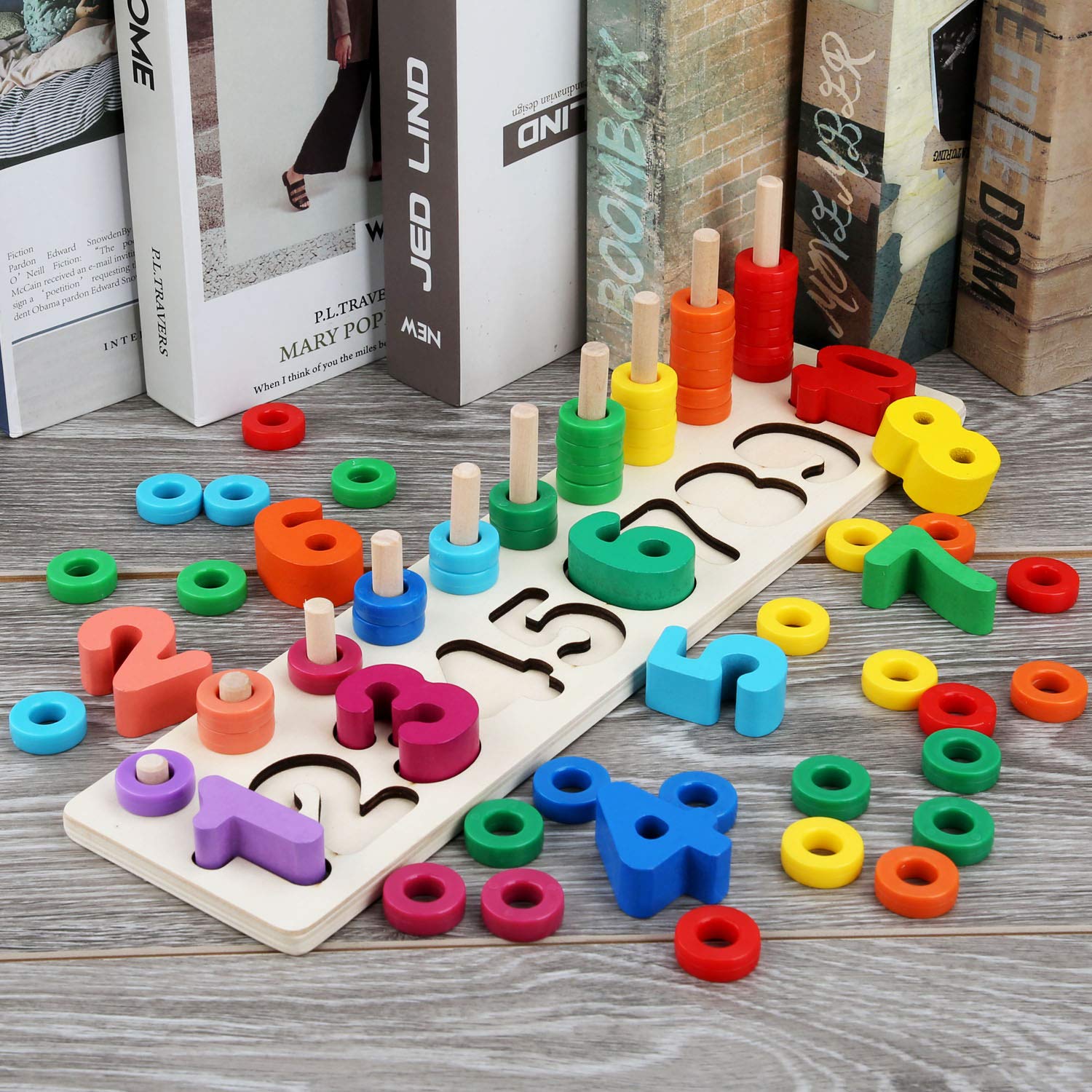 KangRuiZhe Montessori Materials Wood Math Blocks Shape Sorter Number and Stacking Learning Toys (Mathematics)
