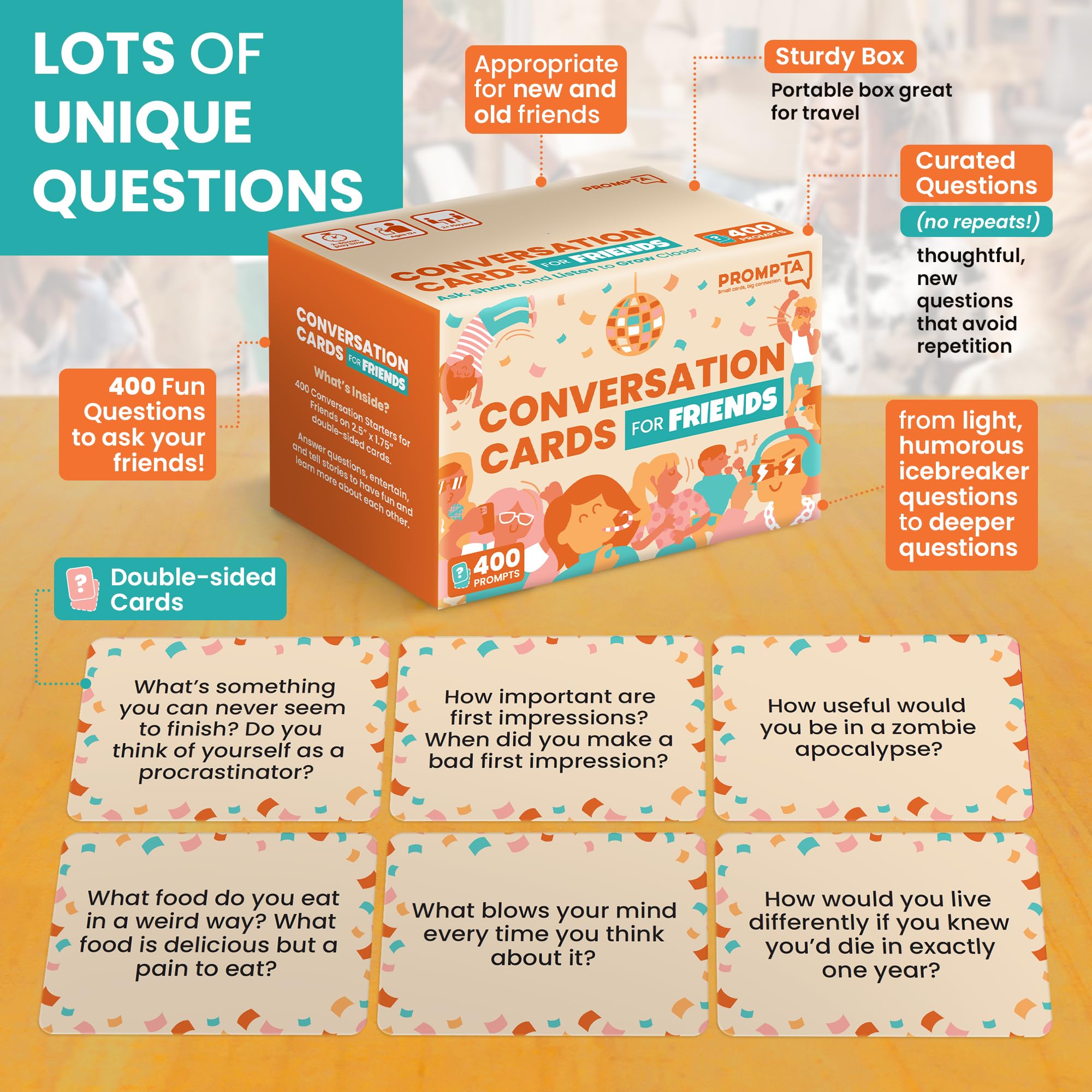 Prompta 400 Conversation Cards for Friends – Casual, Funny Get to Know You Conversation Starters to Connect with Friends
