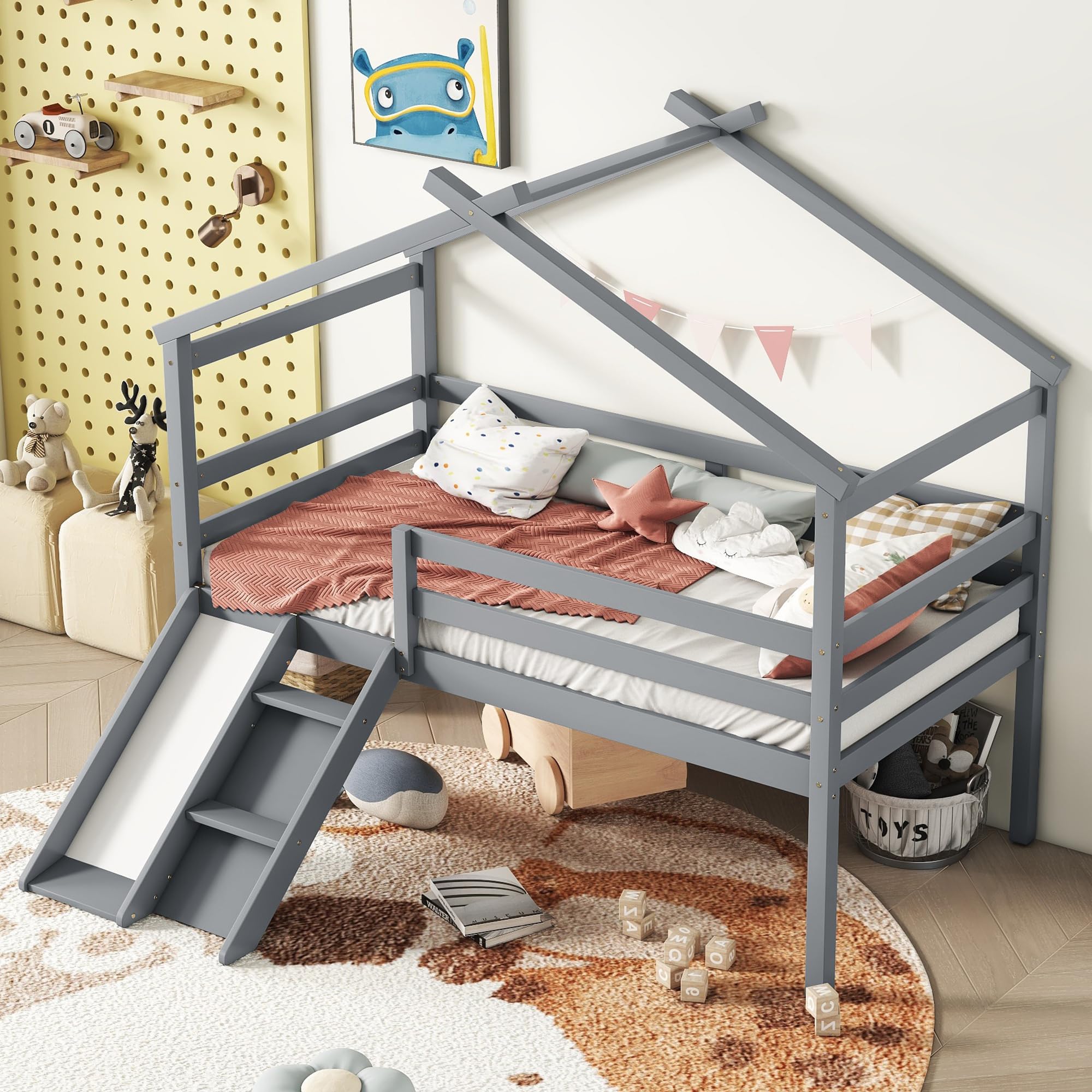 Bellemave Twin Size Kids Low Loft Bed,House Loft Bed with Slide and Ladder,Solid Wood Low Loft Bed with Safety Guardrails for Girls Boys,Grey